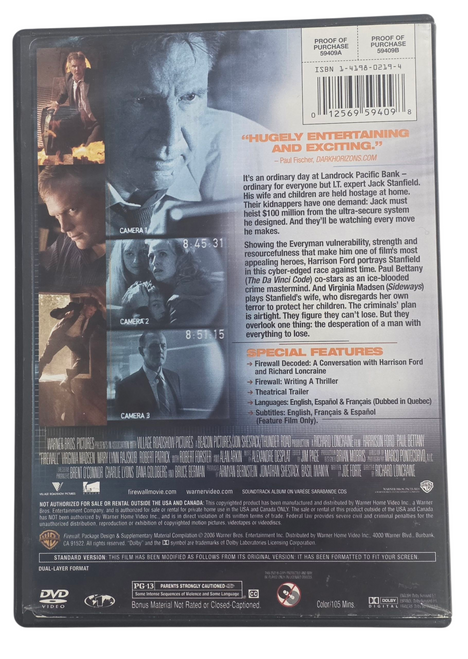 Firewall Full Screen Edition DVD Movie Stars Harrison Ford Paul Bettany