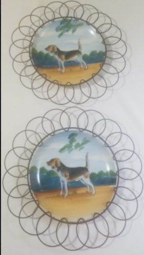 Beagle dog hand painted design collector plates set of 2
