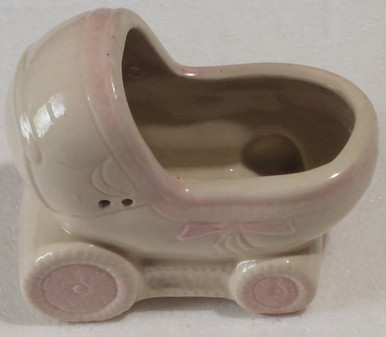 Pink & White Baby Buggy Pottery Flowerpot Planter circa 1960s Vintage