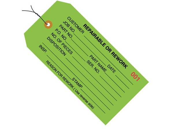 Pre-Wired "Repairable or Rework (Green)" Inspection Tags #5, 4 3/4" x 2 ...
