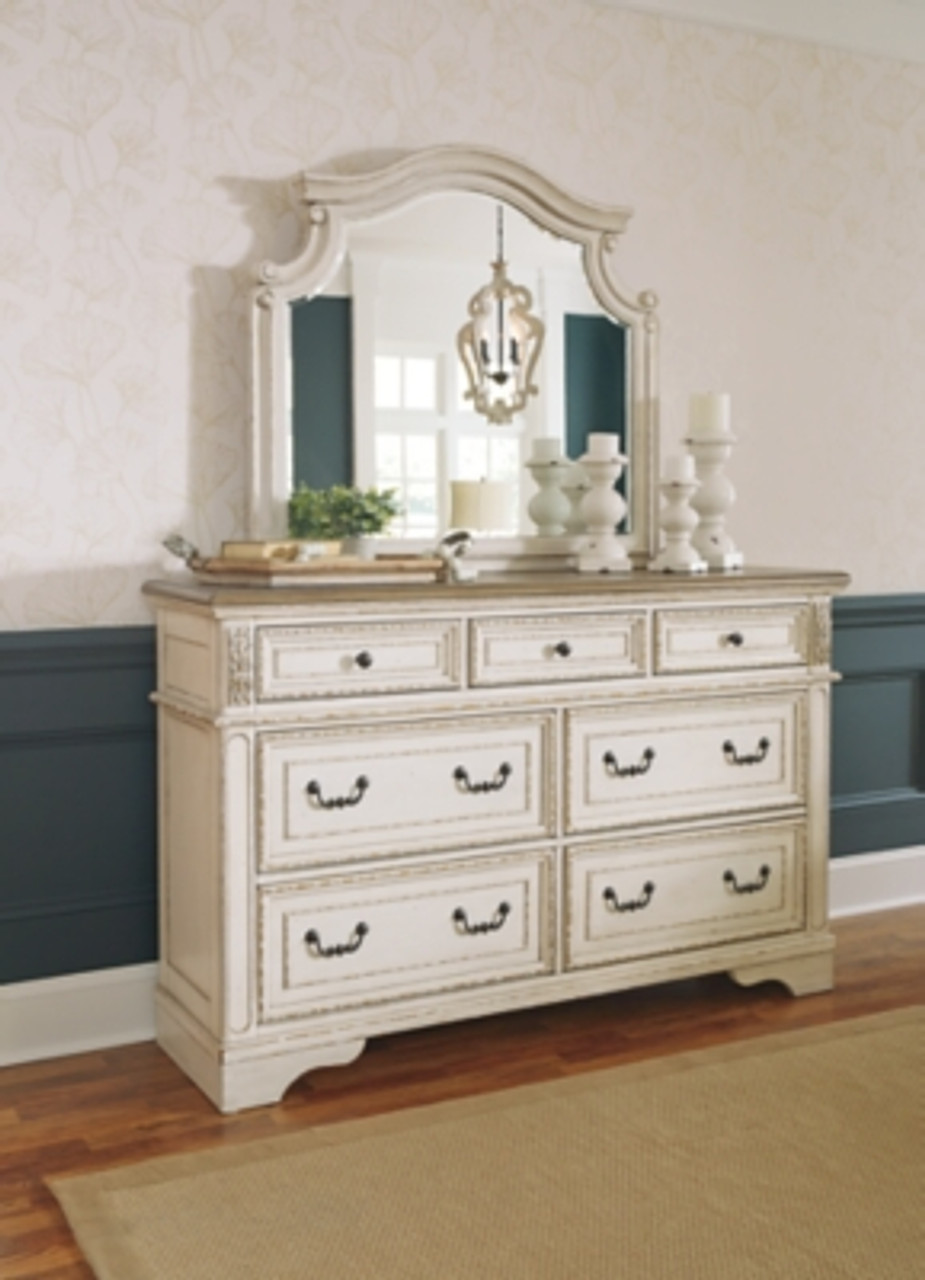Ashley Realyn Chipped White Queen Upholstered Panel Bed with Mirrored Dresser and 2 Nightstands on sale at Bargains and Buyouts serving Tri County West Chester and Winton Woods in Cincinnati OH