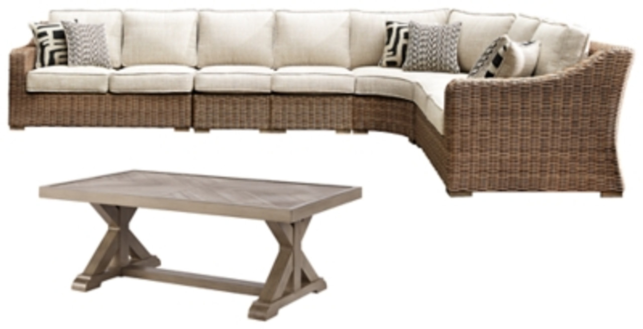 Ashley Beachcroft Beige 5 Piece Outdoor Sectional with Coffee Table on sale at Bargains and Buyouts serving Tri County West Chester and Winton Woods in Cincinnati OH