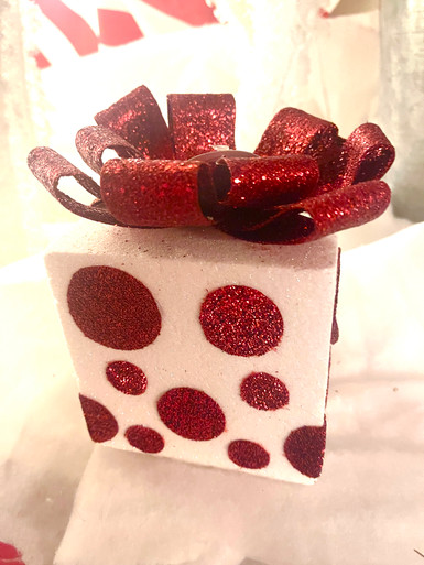 Ornament, Red and White Polka Spotted Gift Box