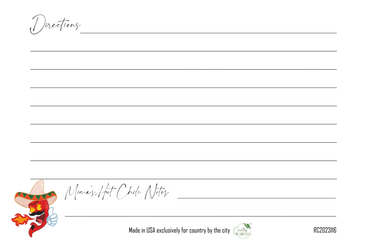 Mima's Hot Chili 4x6 Recipe Card