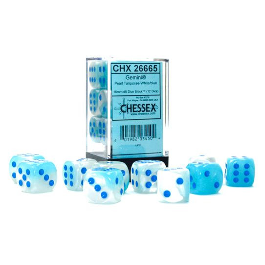 d6 Cube 16mm Gemini Luminary Gpearl Turquoise-White with Blue (12 ...