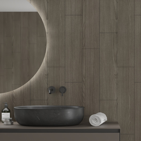 Fibo Scandinavian Dark Wood Plank Tile Wall Panel | Wet Wall Works