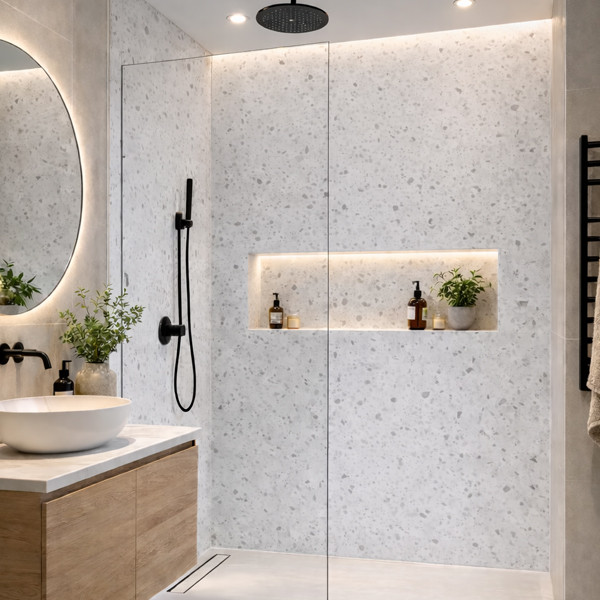 Modura Grey Terrazzo Matt Shower Panel - 1 Metre | Wet Wall Works