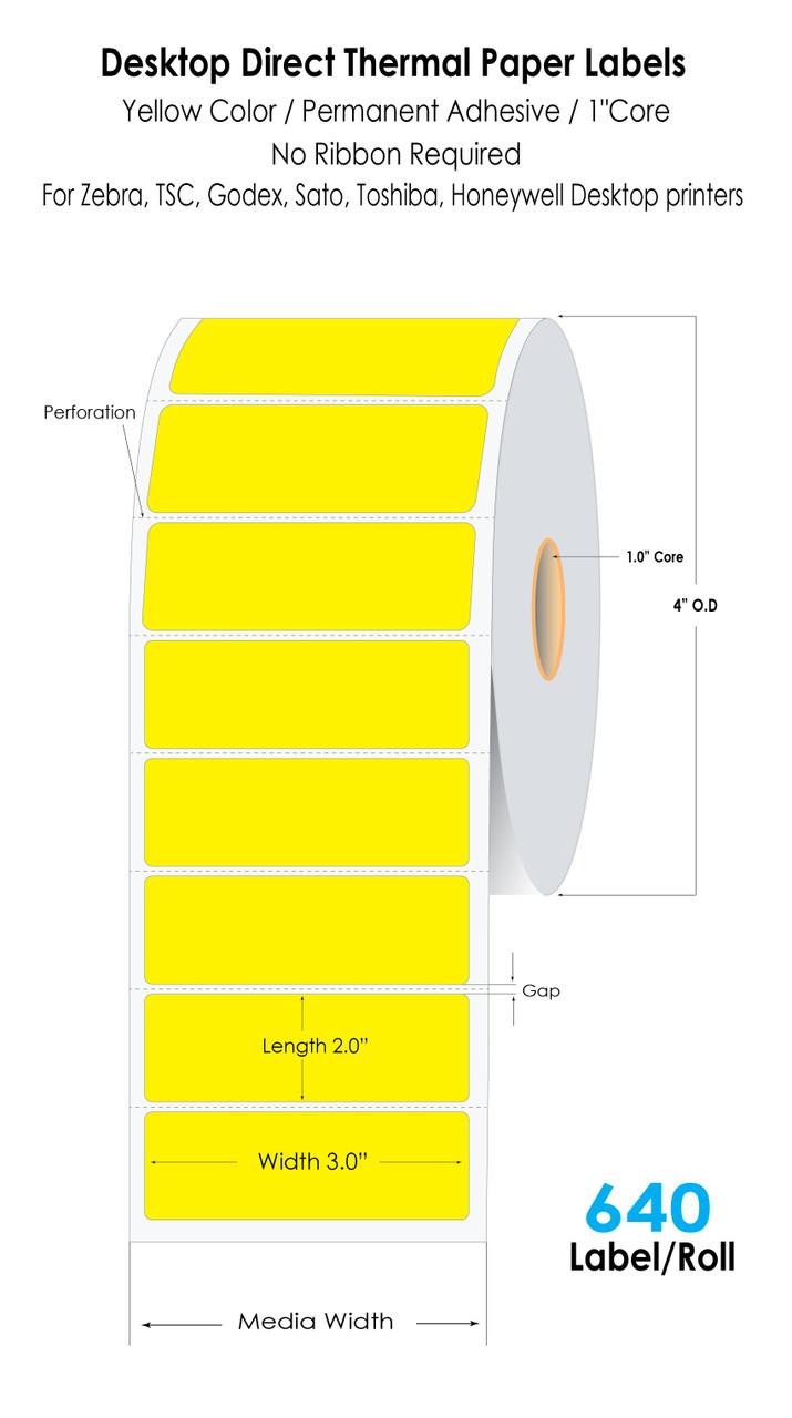 Yellow Desktop Direct Thermal 3" x 2" Matte Paper Label Roll - 640 ...