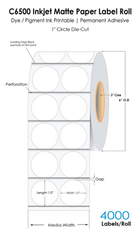 C6500 1" Circle 1UP Inkjet White Matte Labels | OmegaBrand