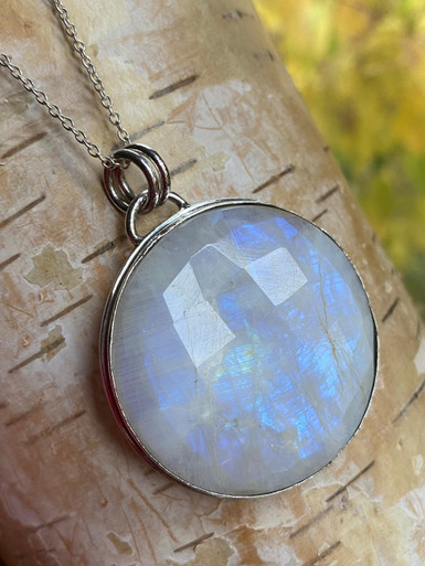 Round Moonstone Pendant- Large Silver Necklace