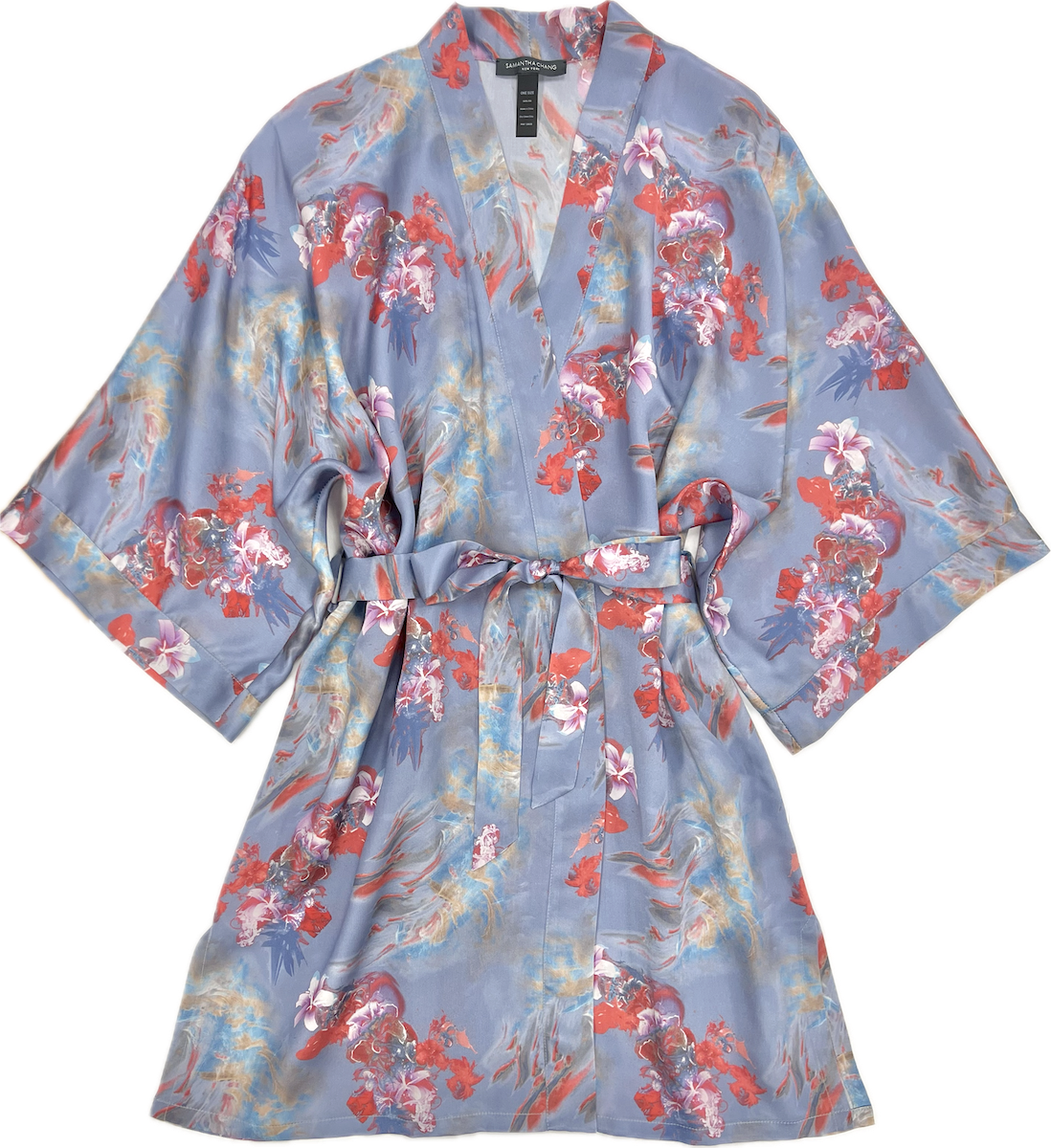 CLASSIC SILK SHORT KIMONO PRINTED FEATHER FLOWERS - Samantha Chang