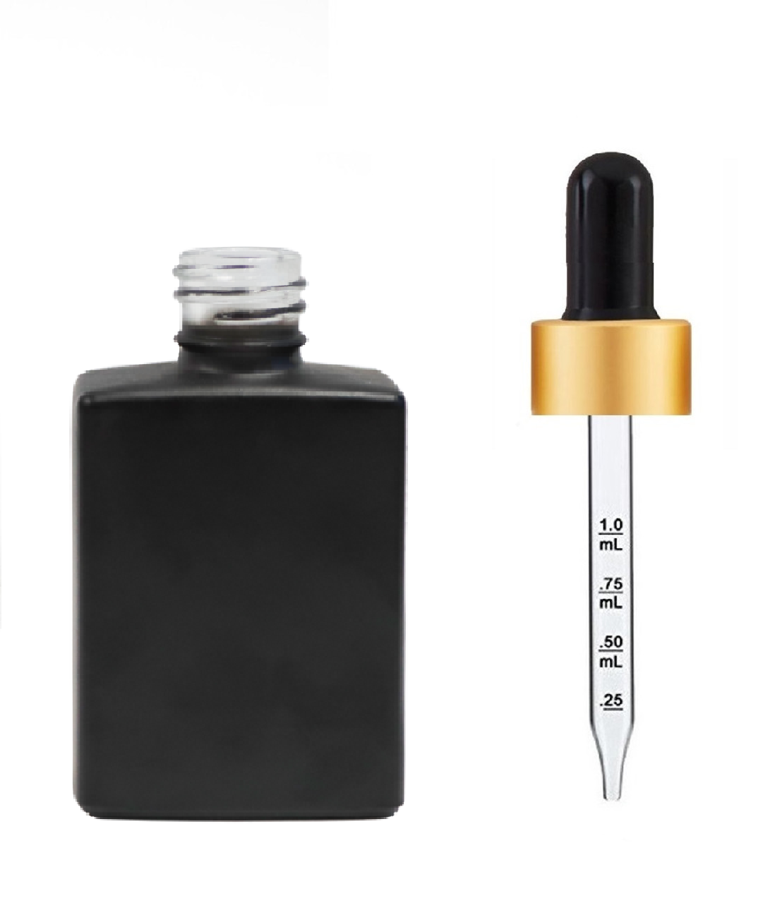 1 oz Matt Black SQUARE Glass Bottle w/ 18-415 White-Gold Calibrated Dropper