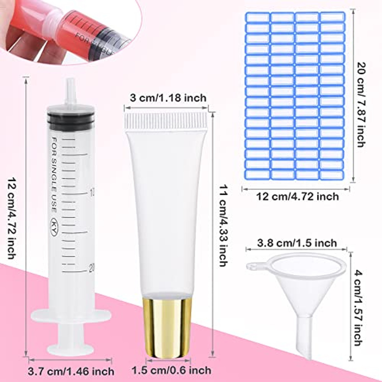 AerRoll 50Pcs 15 ML Gold Cap Empty Lip Gloss Tubes Clear Lipgloss Squeeze Tubes With free Labels Stickers 20ml Syringe Funnel Gift Bags for DIY Lip