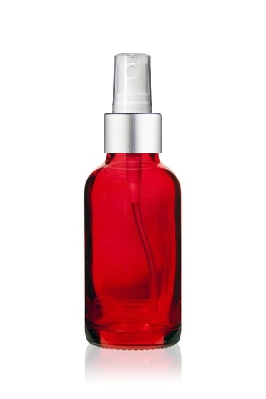 1 Oz Translucent Red Glass Bottle w/ Matte silver and White Fine Mist ...