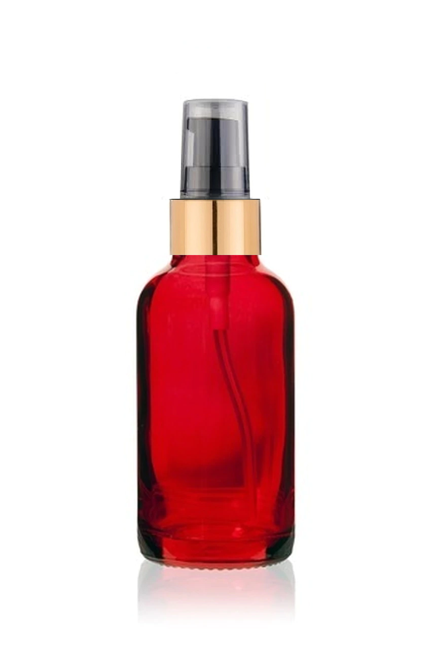1 oz Red Glass Bottle w/ Black-Matt Gold Treatment Pump