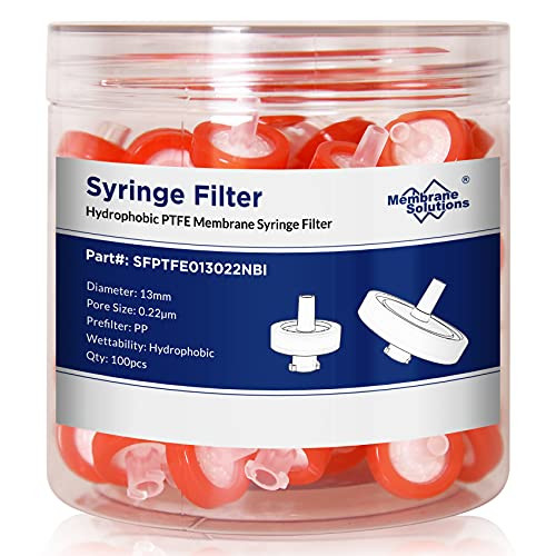 Syringe Filter 100 PCs PTFE Hydrophobic Membrane Filtration, 13mm Disc ...