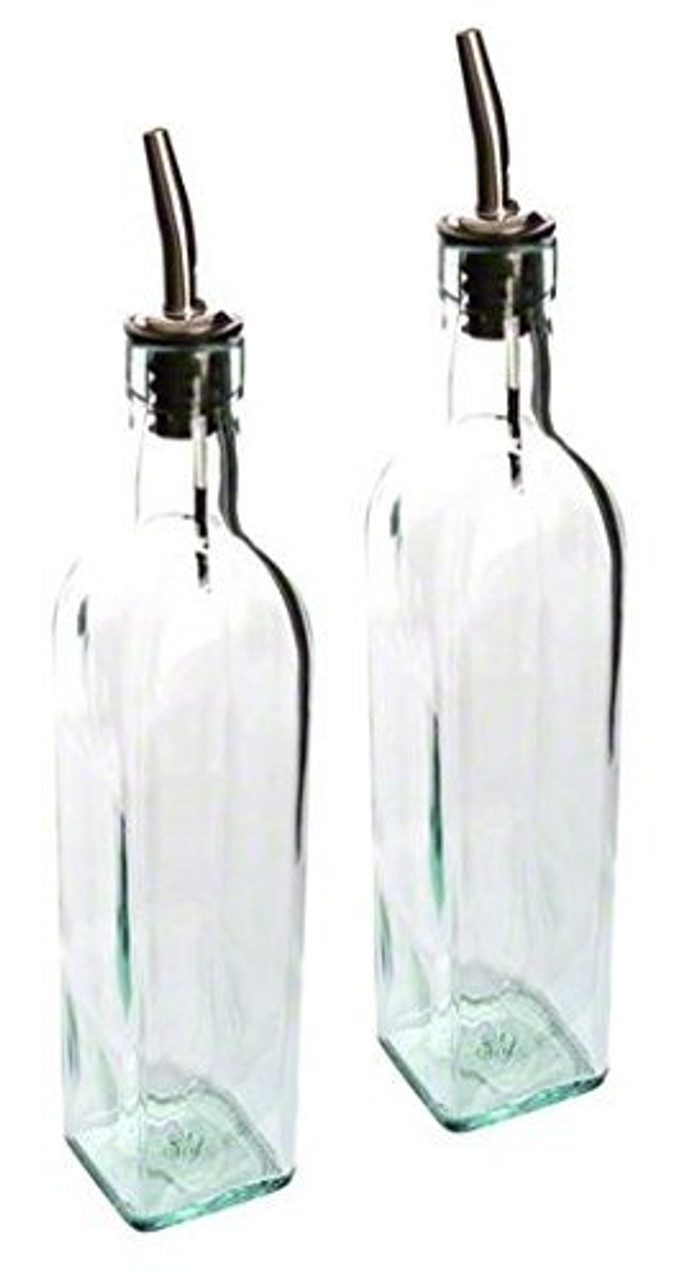 16 Oz Ounce Set Of 2 Oil Vinegar Cruet Square Tall Glass Bottle Wstainless Steel Pourer Spout