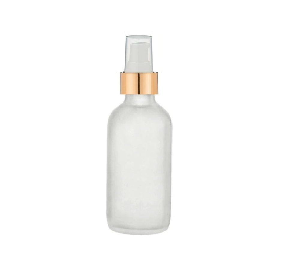4 oz Frosted Clear Glass Bottle w/ White Matte Gold Treatment Pump