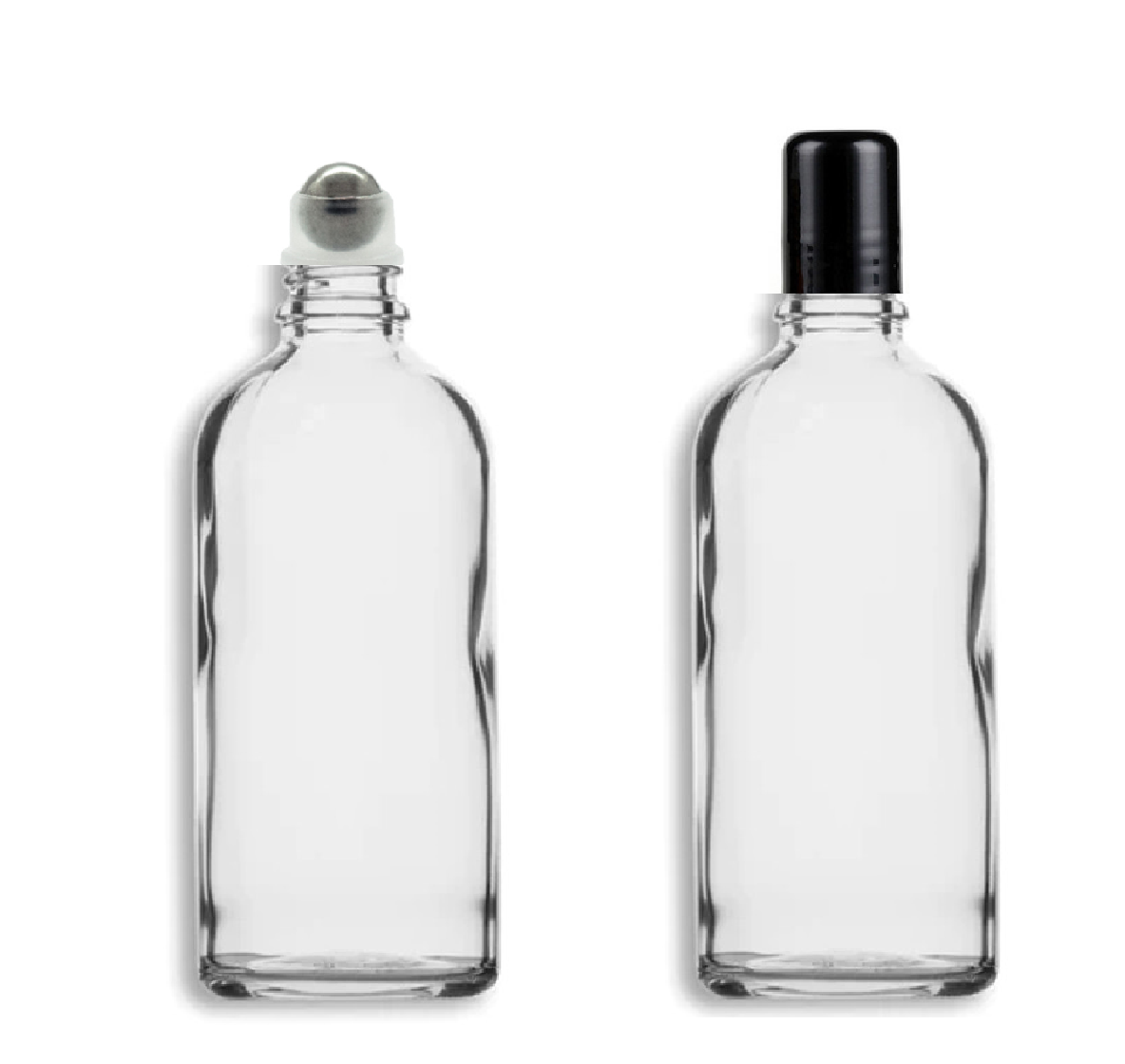 100 ml Clear Euro Glass Bottle w/ Steel Roller Ball & Black Cap