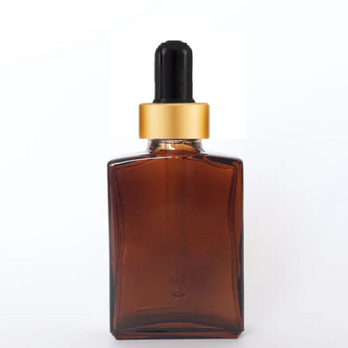 1 oz Amber Square Glass Bottle w/ 18-415 Black Matt Gold Regular Glass ...