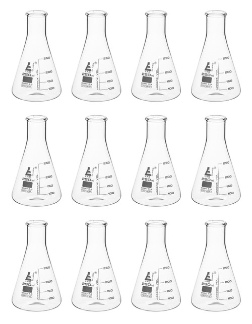 Eisco Labs 12PK Glass Erlenmeyer Flasks with Narrow Neck, 250mL