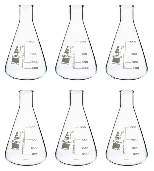 Eisco Labs 6PK Glass Erlenmeyer Flasks with Narrow Neck, 500mL