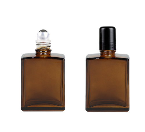 1 oz Amber Square Glass Bottles with 18-415 Metal Roller Ball and Black Cap