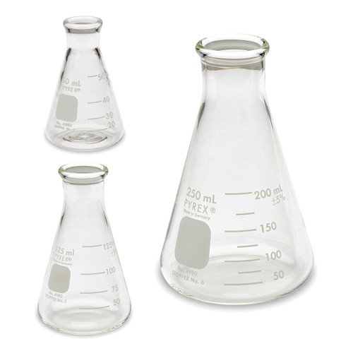 Corning Pyrex Erlenmeyer Flask Set with Rubber Stoppers - 3 Sizes ...