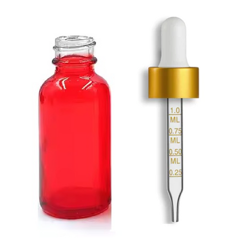 1 oz Translucent Red Glass Bottle w/ White-Matt Gold Calibrated Dropper