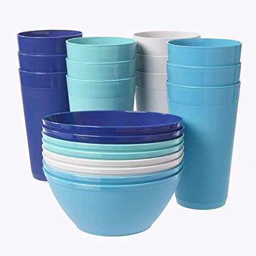 Break-resistant Plastic Cup and Bowl Set with 12 20-ounce Water ...
