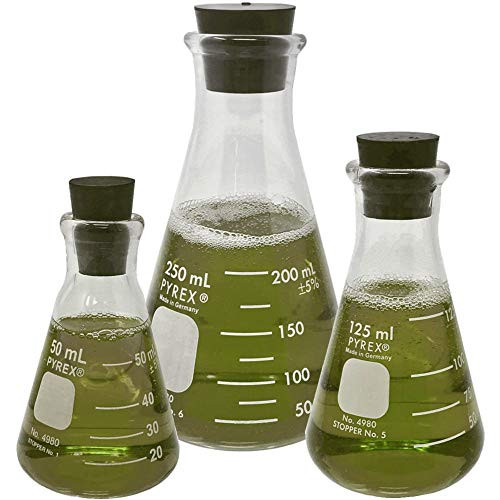 Pyrex #4980 Flask Set with Rubber Stoppers, 3 Sizes - 50, 125, and 250mL