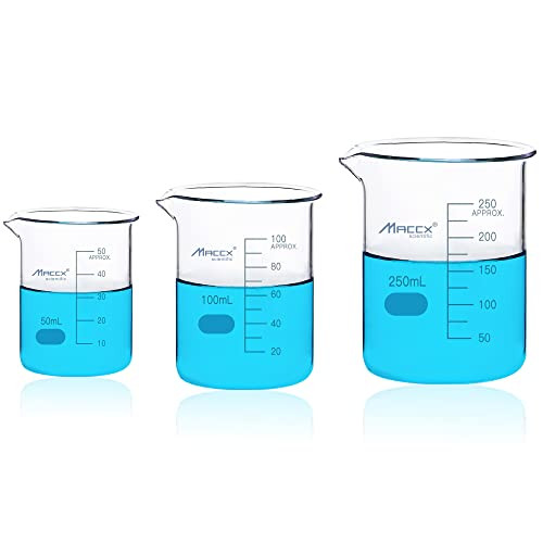Maccx Sturdy Glass Beakers, 3 Sizes of 50ml 100ml 250ml,3.3 ...