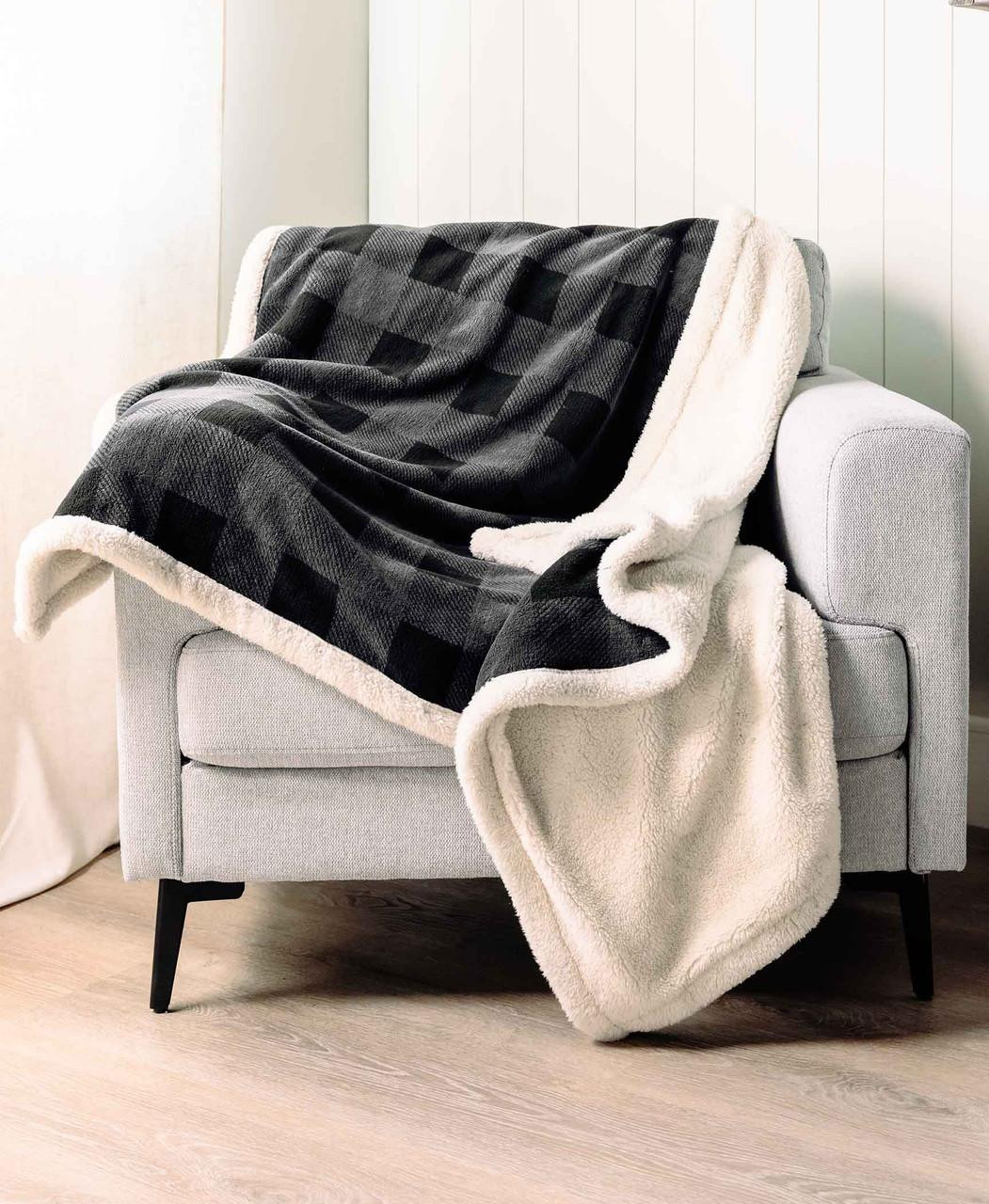 Grey Plaid Sherpa Throw Blanket | LazyOne