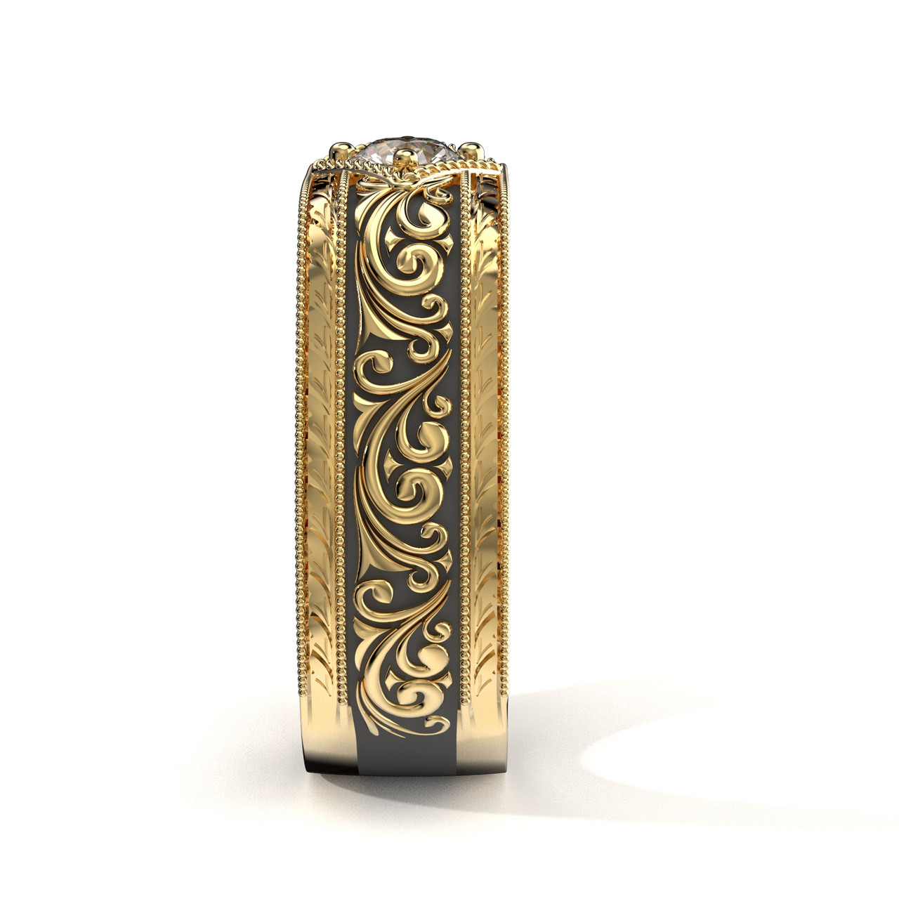 Misagh 8 mm Black 14K Yellow Gold Scrollwork Wedding Ring with Diamond ...