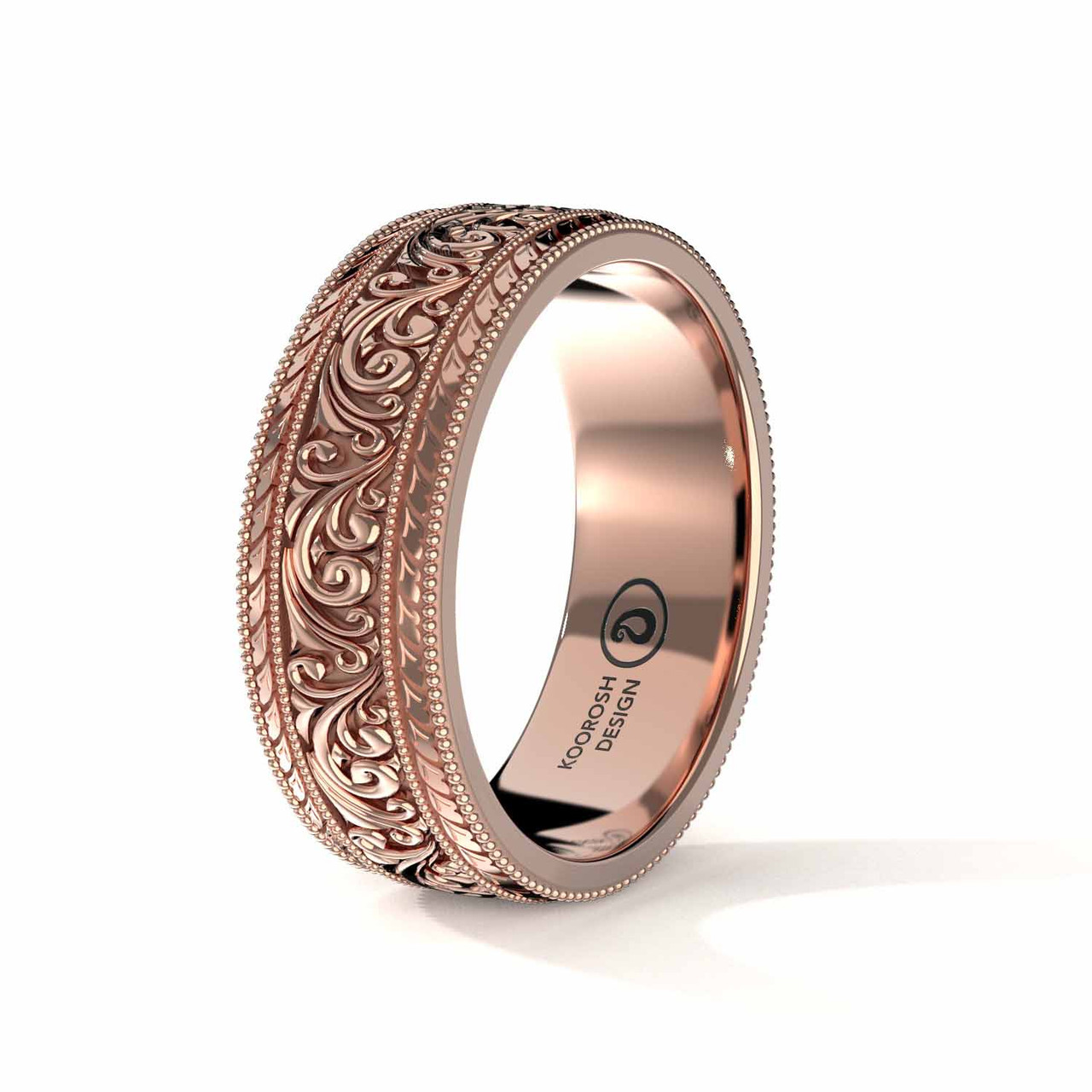 Buy Men's 14K Rose Gold Scrollwork Wedding Ring | Arash 8mm Band with ...