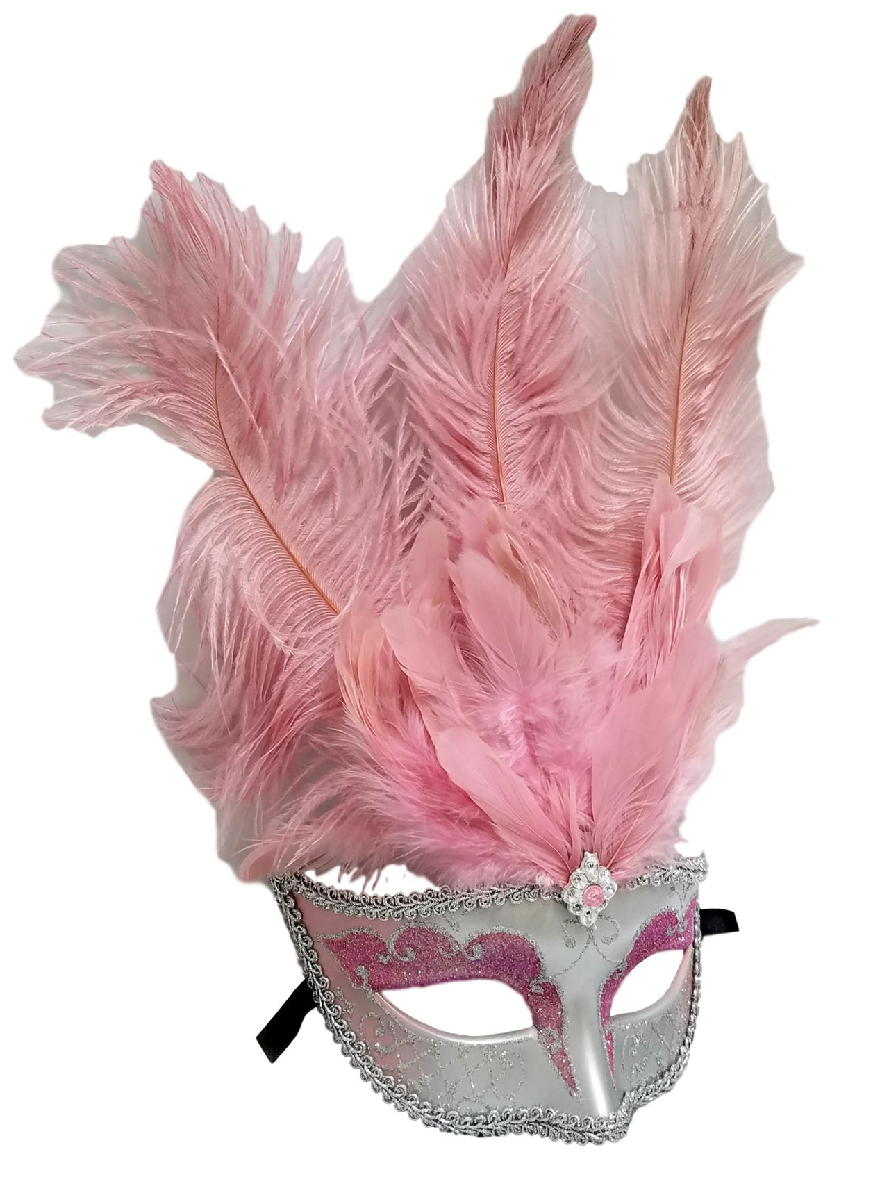 Light Pink Silver Venetian Mask Feather Masquerade Costume Prom Dance