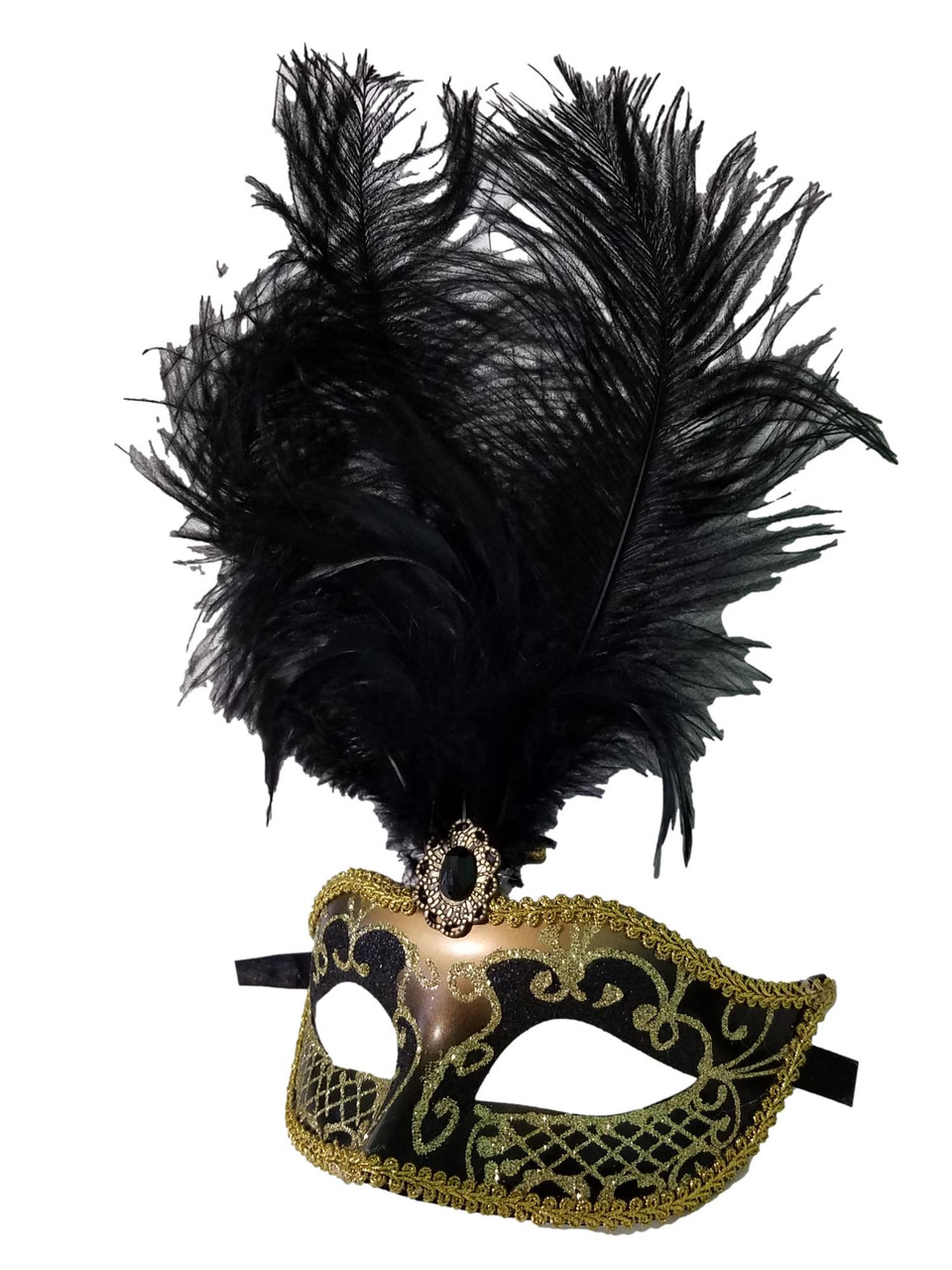 Black Gold Feather Venetian Masquerade Mardi Gras Jewel Mask