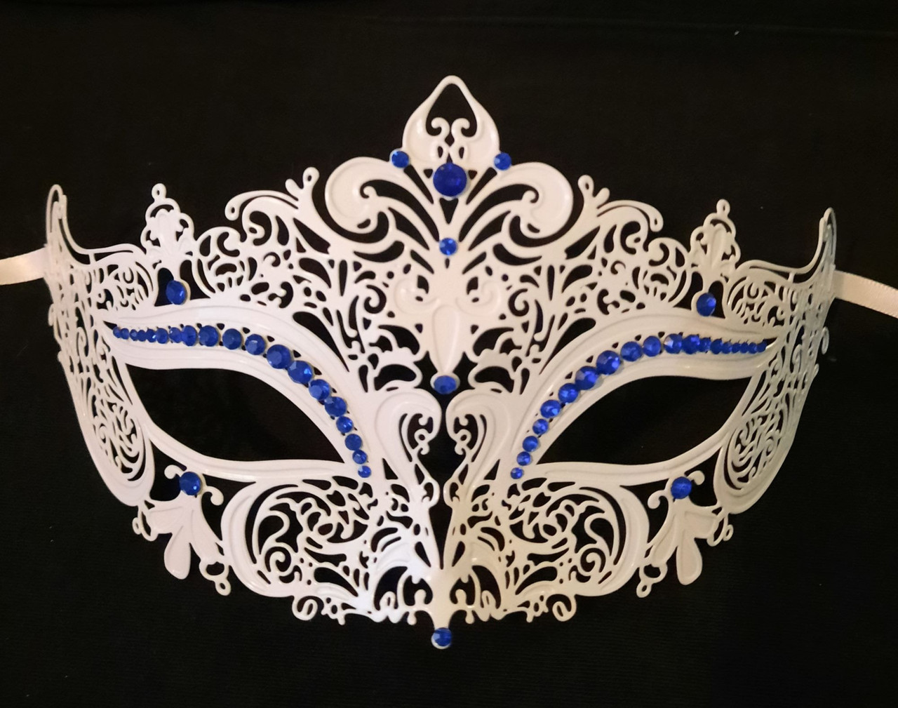 White Blue Crystal Crown Laser Cut Mask Masquerade Metal Filigree