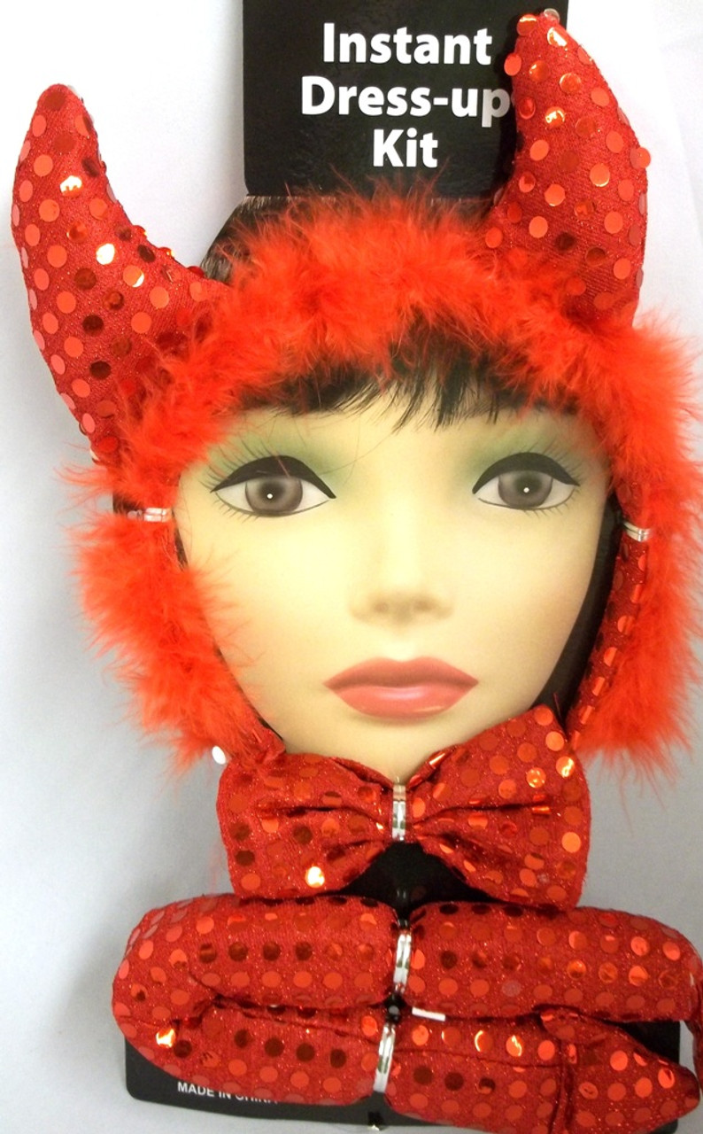 Sexy Red Lady Devil Sequin Horns Bowtie Tail Set Halloween Costume Instant Kit