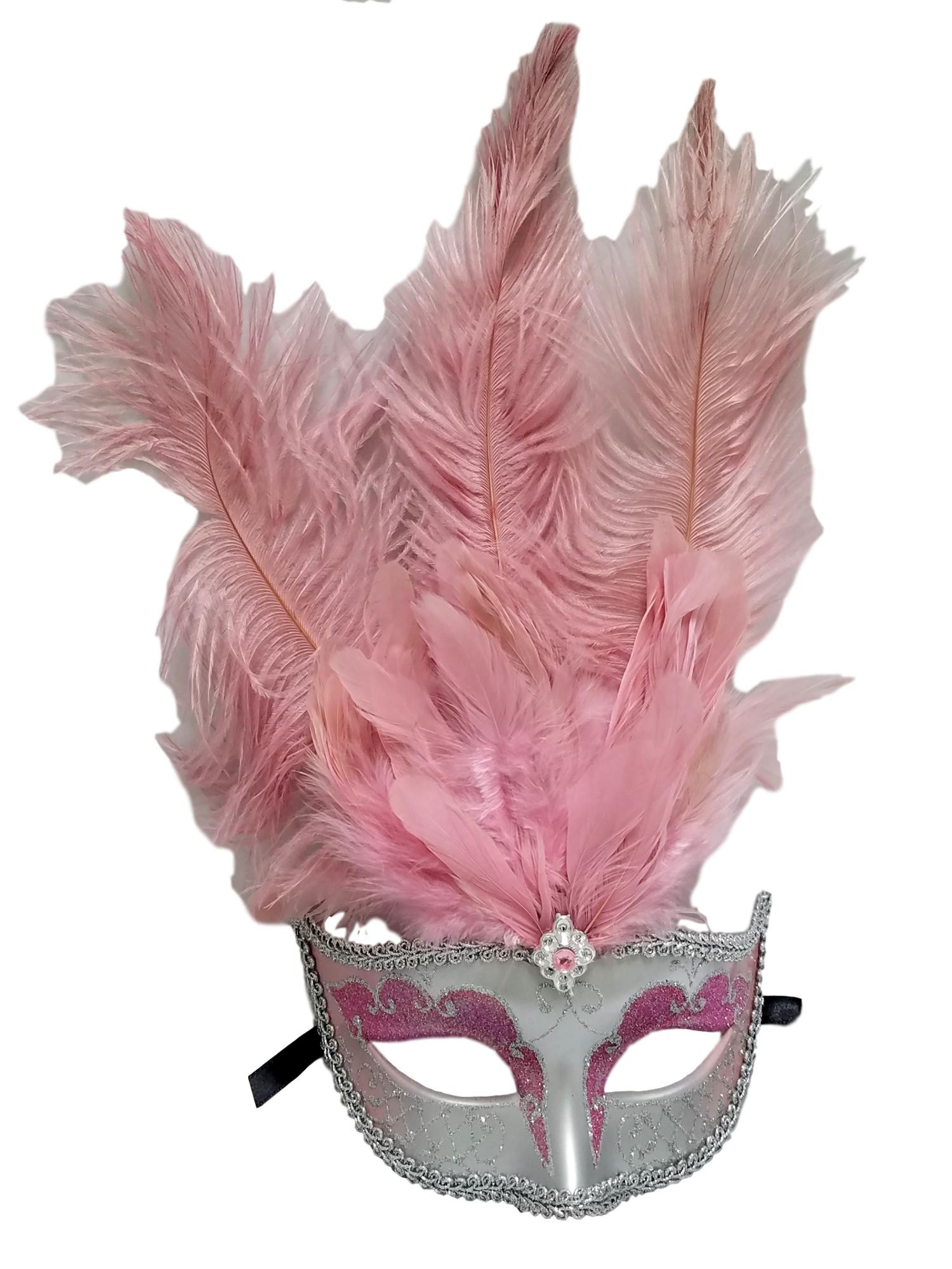 Light Pink Silver Venetian Mask Feather Masquerade Costume Prom Dance