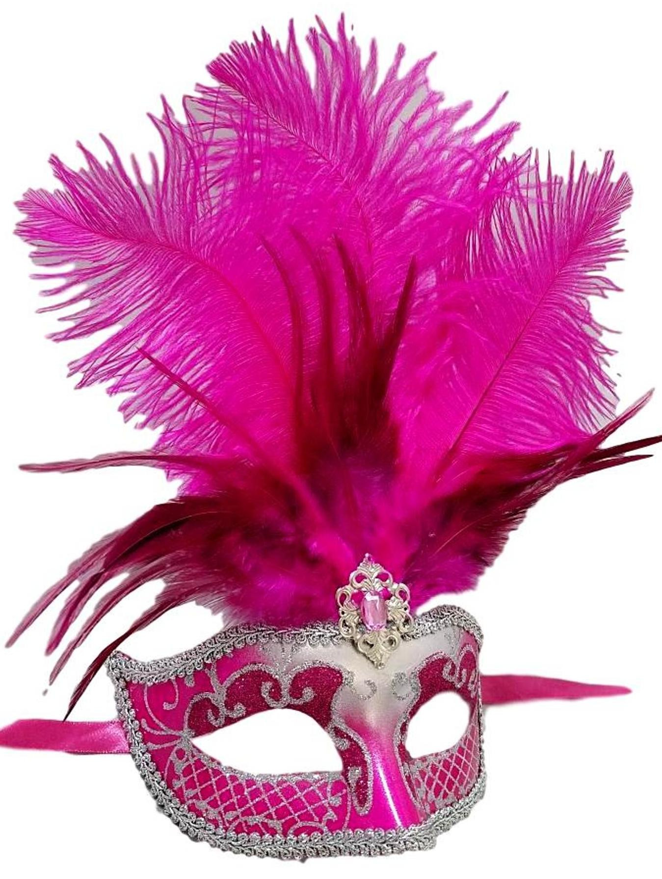 Hot Pink Silver Venetian Mask Feather Masquerade Mardi Gras 12"