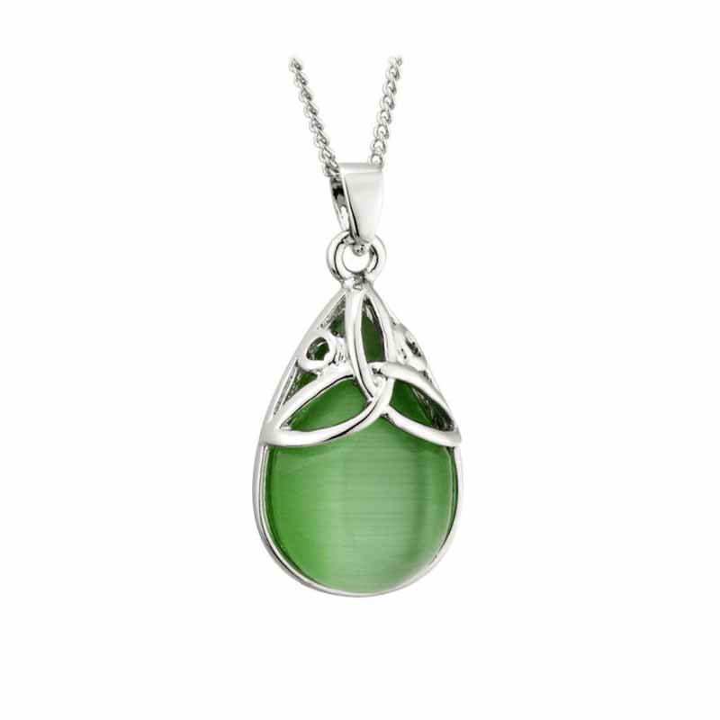 Rhodium Plated Oval Cat Eye Trinity Pendant | Solvar | ShamrockGift.com