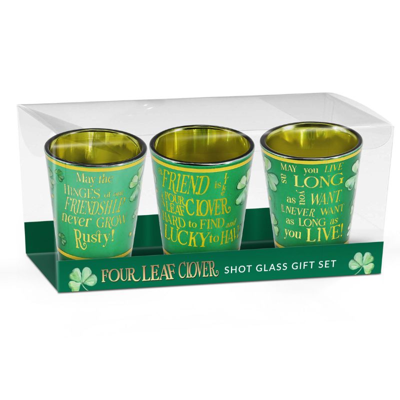 Lucky Clover Irish Shot Glass Set of 3 | Clover Blessings Design