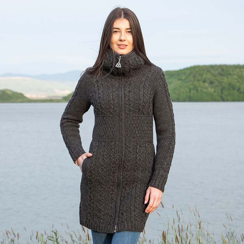 Double Collar Zip Aran Cardigan | SAOL | ShamrockGift.com