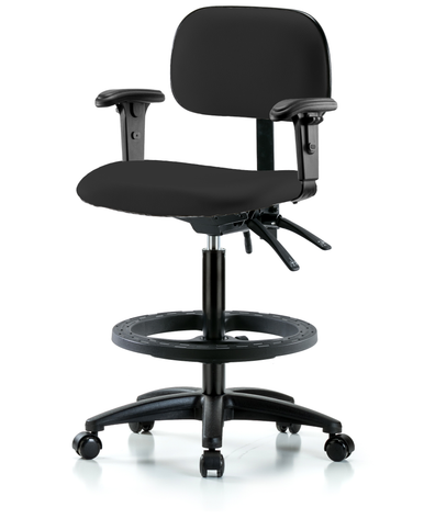 Vinyl High Bench Lab Chair with Adjustable Arms Black Tube Foot Ring ...