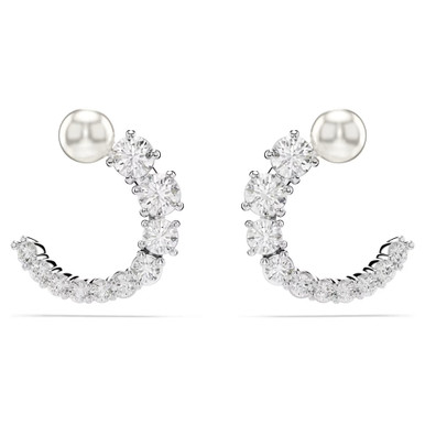 Matrix Hoop Earrings, Crystal Pearl, Round Cut, White, Rhodium Plated ...