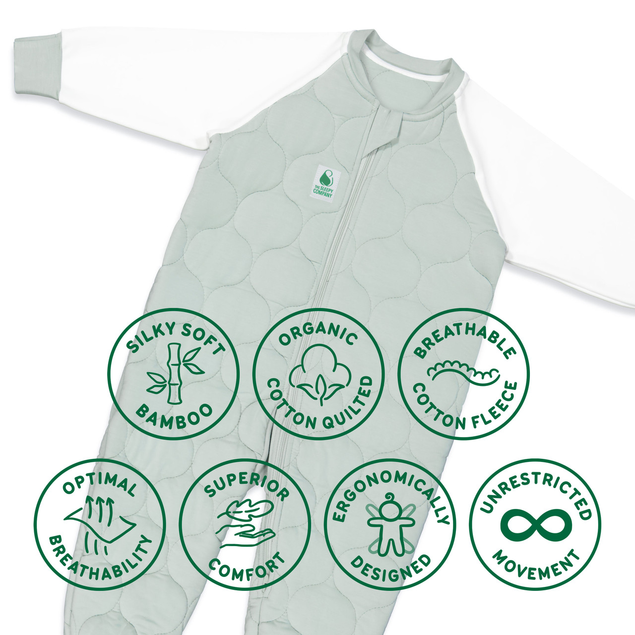 Sleepsuit / 2.5 Tog Long Sleeve / Jade Mist (Organic Cotton Quilted ...