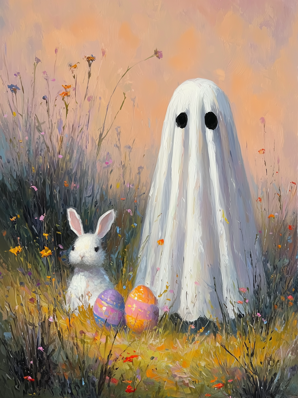 HMK1440L Ghost and Bunny Friend Portrait - JanMichaels Art and Home