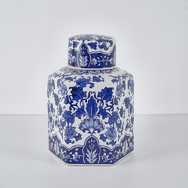 10in Ceramic Hexagon Jar, Blue White - JanMichaels Art and Home