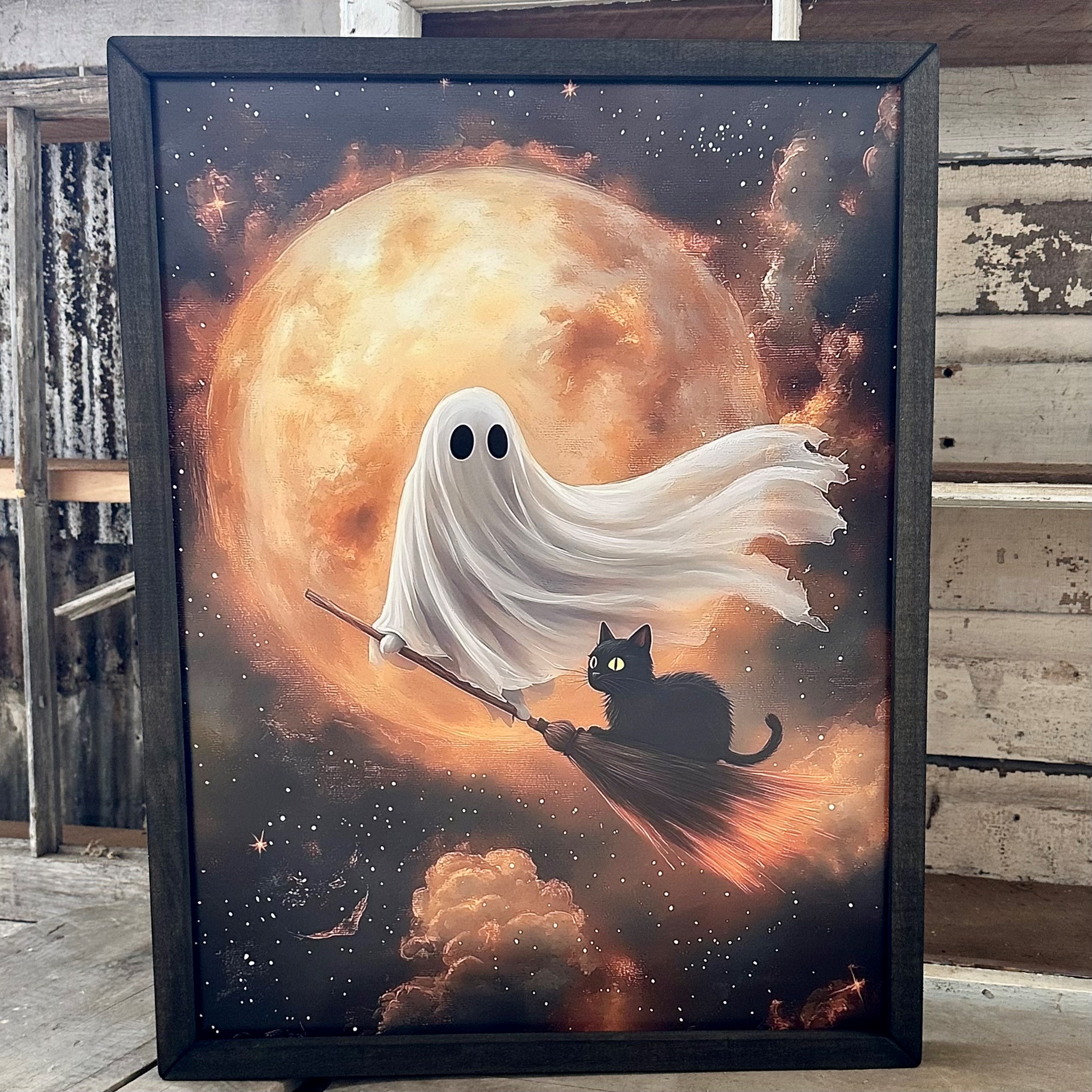HMK132 Flying Ghost Broom Cat Box Frame - JanMichaels Art and Home